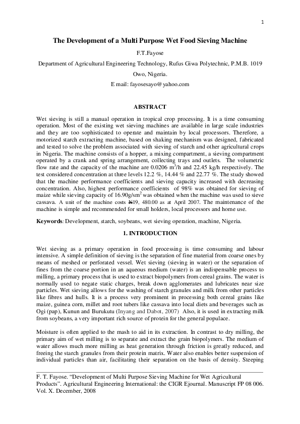 (PDF) The Development of a Multi Purpose Wet Food Sieving Machine