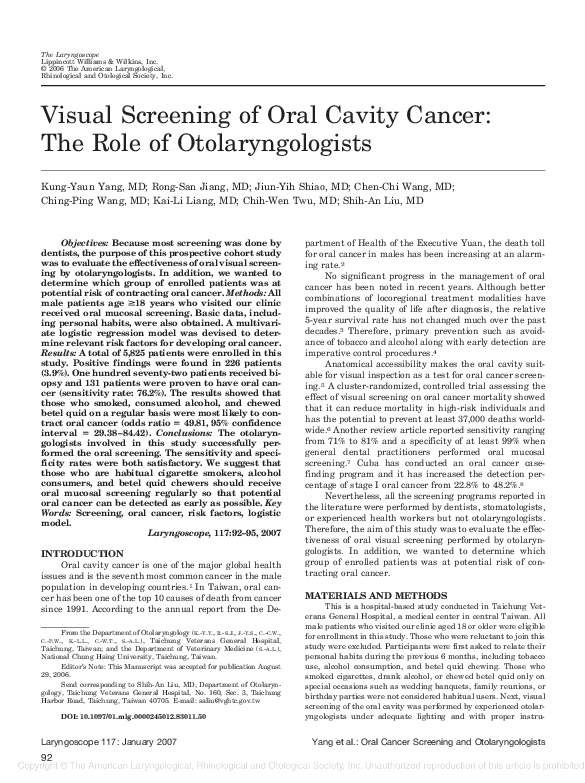 (PDF) Visual screening of oral cavity cancer: The role of otolaryngologists