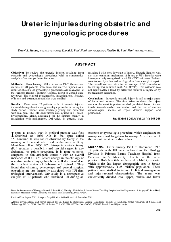 (PDF) Ureteric injuries during obstetric and gynecologic procedures