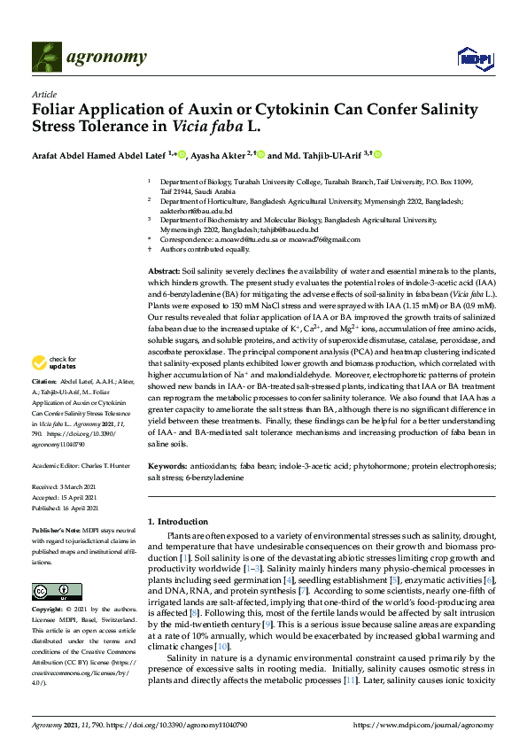 (PDF) Auxin and Cytokinin Enhance Salinity Tolerance in Vicia faba