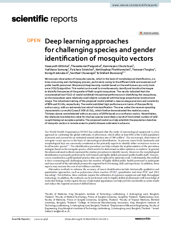 Pdf Deep Learning Approaches For Challenging Species And Gender Identification Of Mosquito Vectors