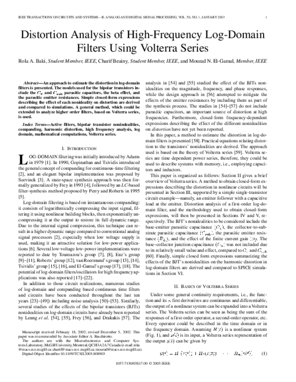 (PDF) Distortion analysis of high-frequency log-domain filters using Volterra series