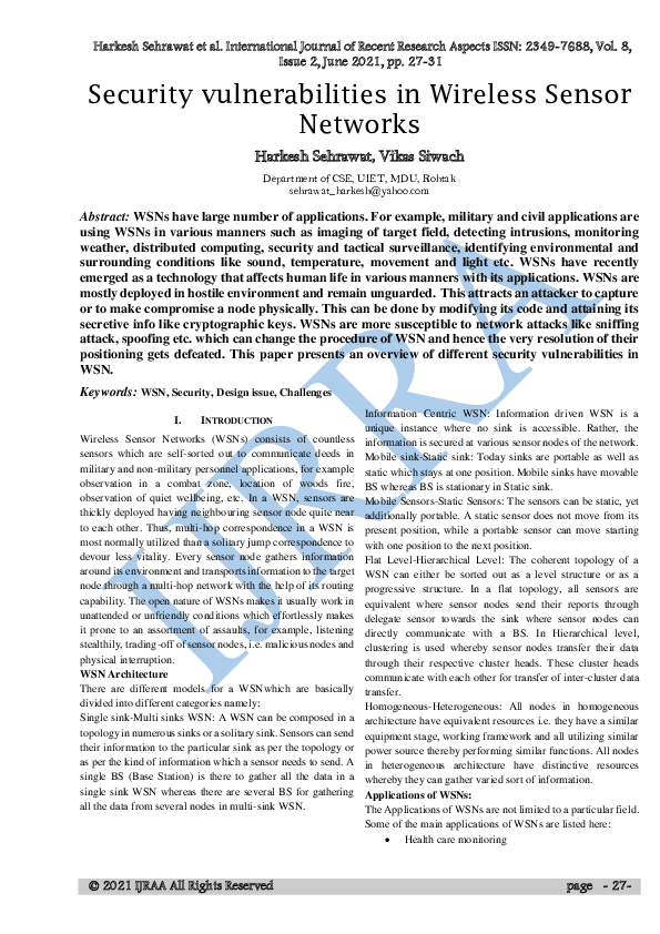 (PDF) Security vulnerabilities in Wireless Sensor Networks