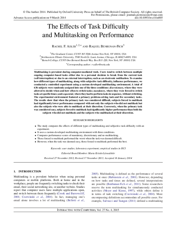 Pdf The Effects Of Task Difficulty And Multitasking On Performance