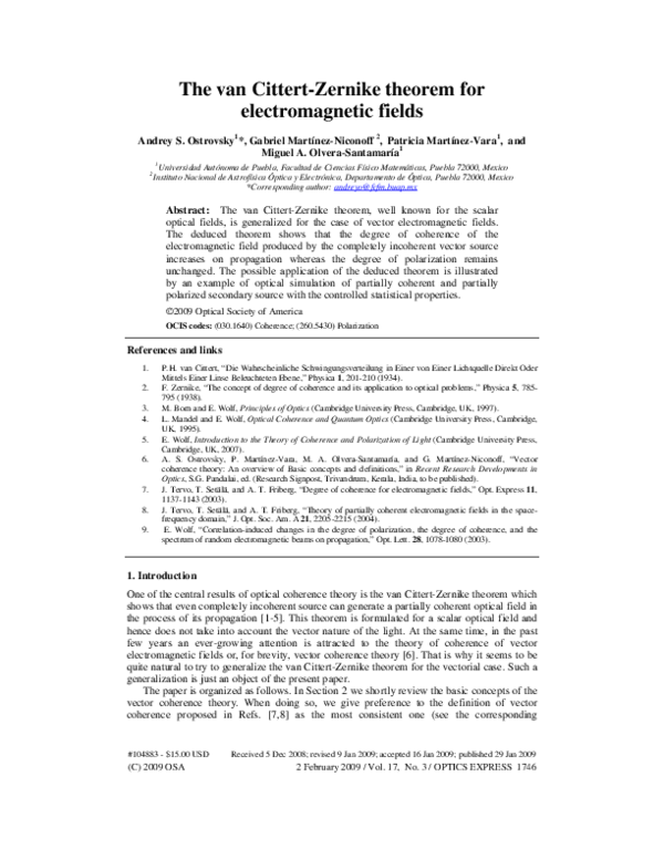 (PDF) The van Cittert-Zernike theorem for electromagnetic fields