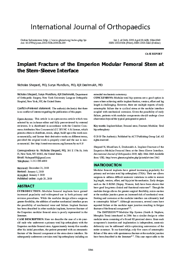 (PDF) Implant Fracture of the Emperion Modular Femoral Stem at the Stem ...