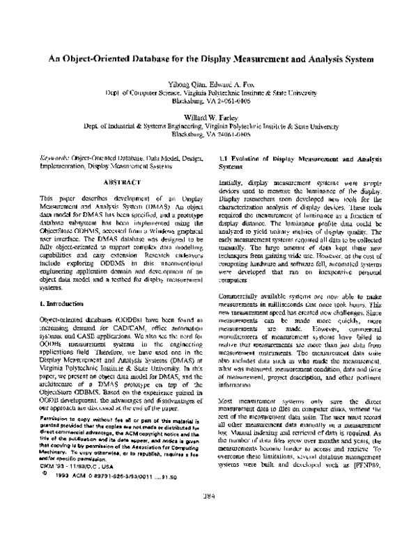 Pdf An Object Oriented Database For The Display Measurement And Analysis System Edward Fox