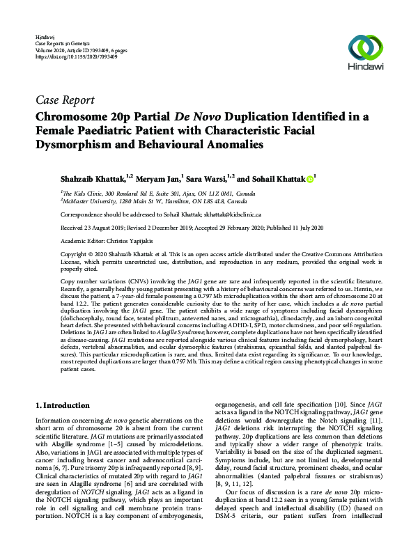 (PDF) Chromosome 20p Partial De Novo Duplication Identified in a Female ...