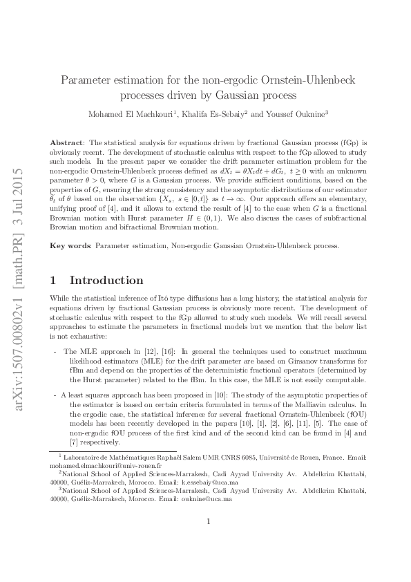 Pdf Parameter Estimation For The Non Ergodic Ornstein Uhlenbeck Processes Driven By Gaussian