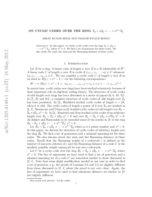 (PDF) On cyclic codes over the ring $Z_p + uZ_p + ... + u^{k-1}Z_p$