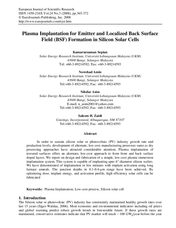 (PDF) Plasma Implantation for Emitter and Localized Back Surface Field ...