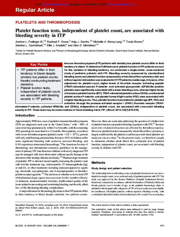 (PDF) Platelet function tests, independent of platelet count, are ...