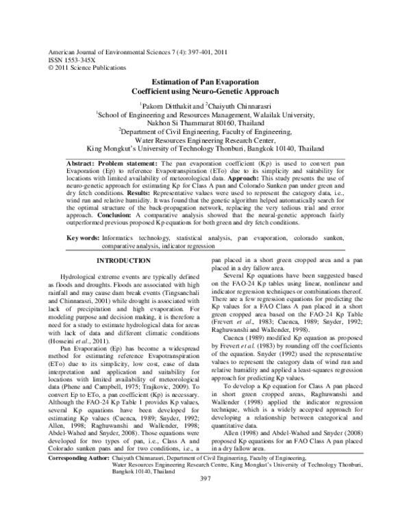 Pdf Estimation Of Pan Evaporation Coefficient Using Neuro Genetic