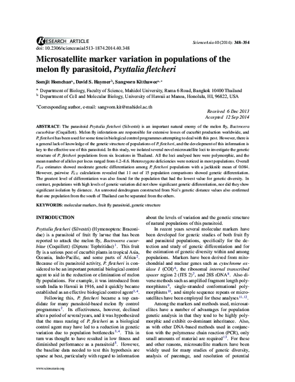 (PDF) Microsatellite marker variation in populations of the melon fly parasitoid, Psyttalia ...