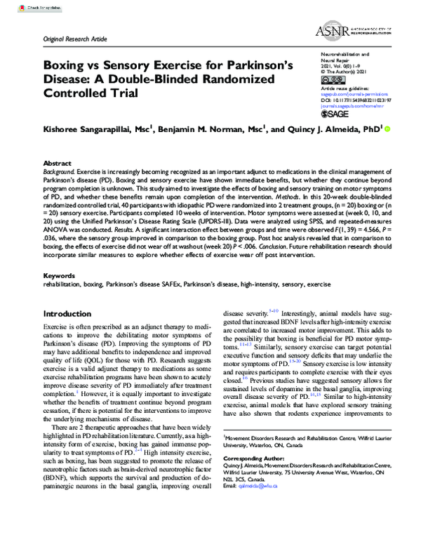 (PDF) Boxing vs Sensory Exercise for Parkinson’s Disease: A Double ...