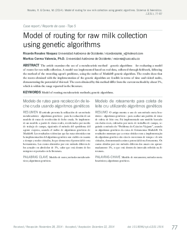 (PDF) Model of routing for raw milk collection using genetic algorithms