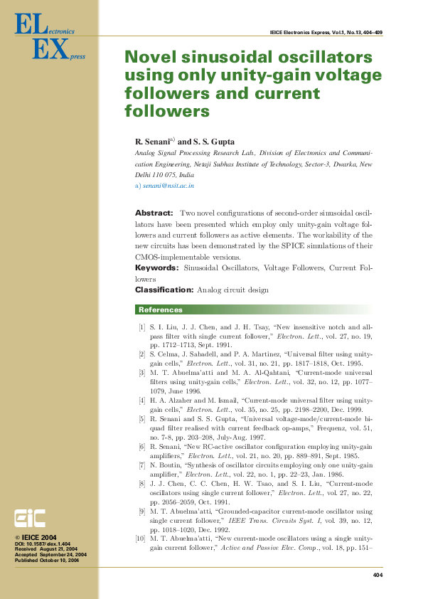 (PDF) Sinusoidal Oscillators Using Unity-Gain Followers and Current ...