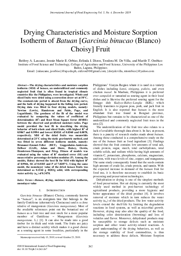 (PDF) Drying Characteristics and Moisture Sorption Isotherm of Batuan [Garcinia binucao (Blanco ...