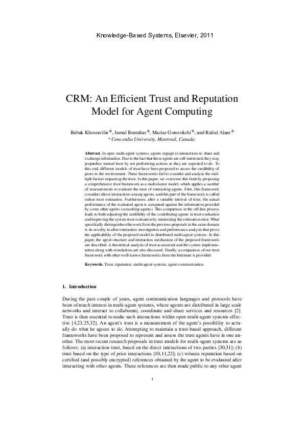 (PDF) CRM: An efficient trust and reputation model for agent computing