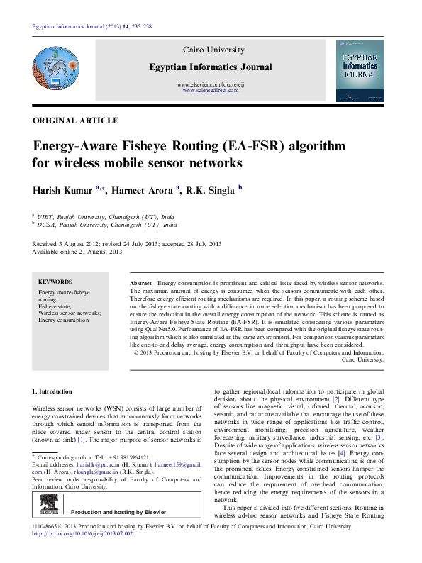 (PDF) Energy-Aware Fisheye Routing (EA-FSR) algorithm for wireless mobile sensor networks ...