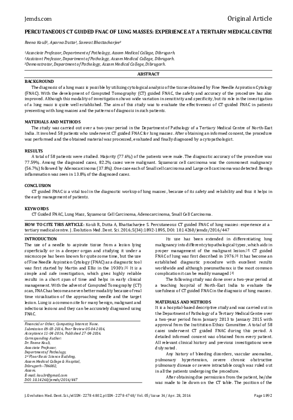 (PDF) Percutaneous CT Guided Fnac of Lung Masses: Experience at a ...