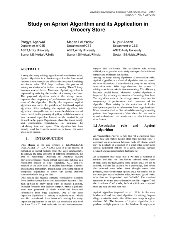 (PDF) Study on Apriori Algorithm and its Application in Grocery Store