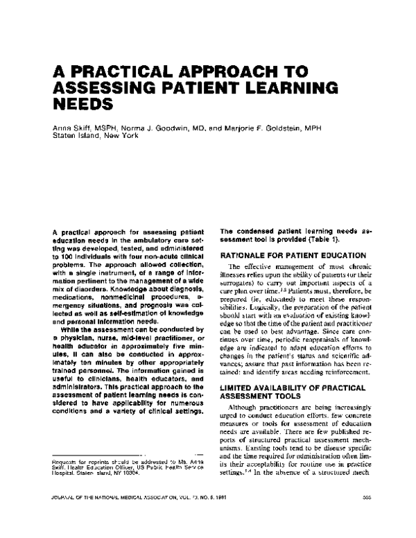 (PDF) A Practical Approach to Assessing Patient Learning Needs