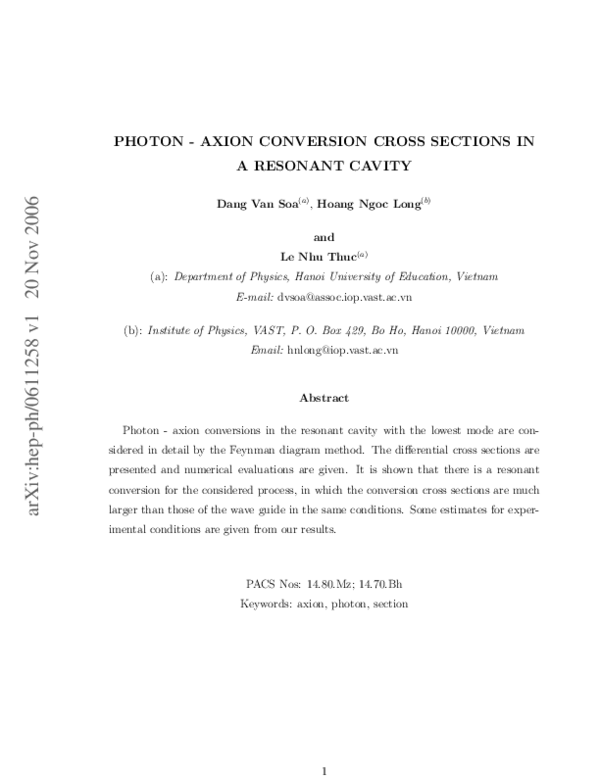 (PDF) Photon - Axion Conversion Cross Sections in a Resonant Cavity