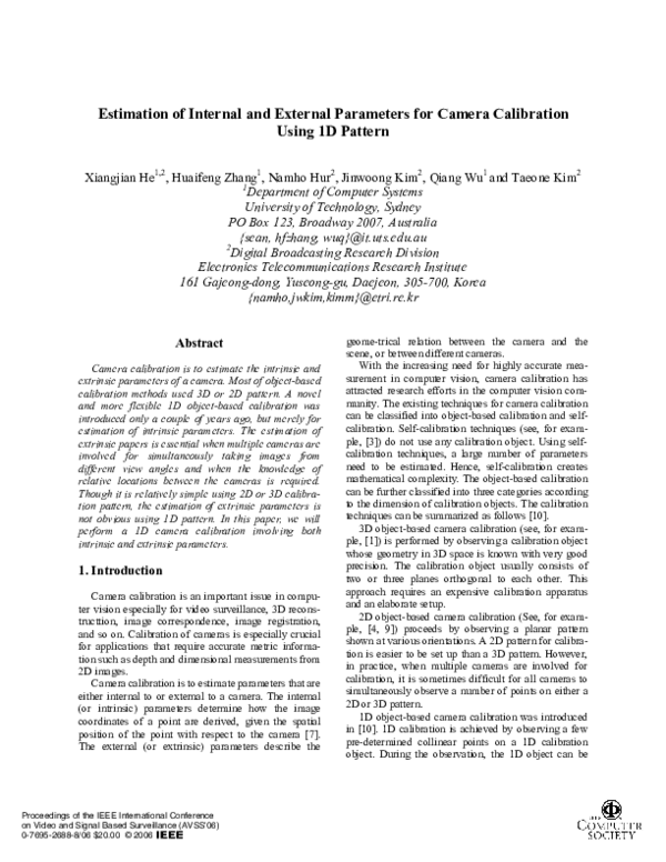 (PDF) Estimation of Internal and External Parameters for Camera Calibration Using 1D Pattern