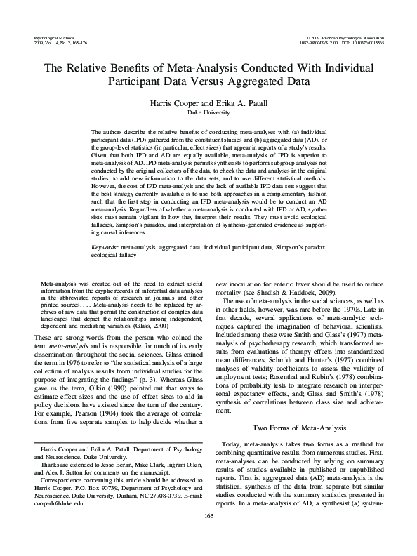 (PDF) The relative benefits of meta-analysis conducted with individual ...