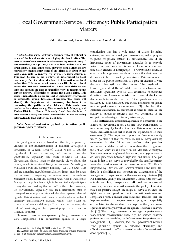 (PDF) Local Government Service Efficiency: Public Participation Matters