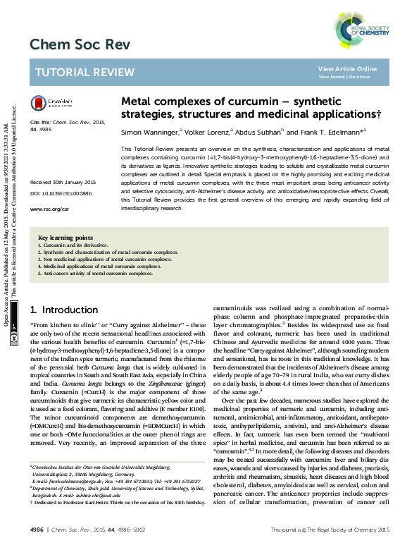 (PDF) Metal complexes of curcumin – synthetic strategies, structures ...