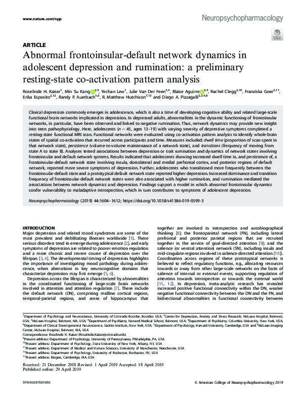 (PDF) Abnormal frontoinsular-default network dynamics in adolescent depression and rumination: a ...