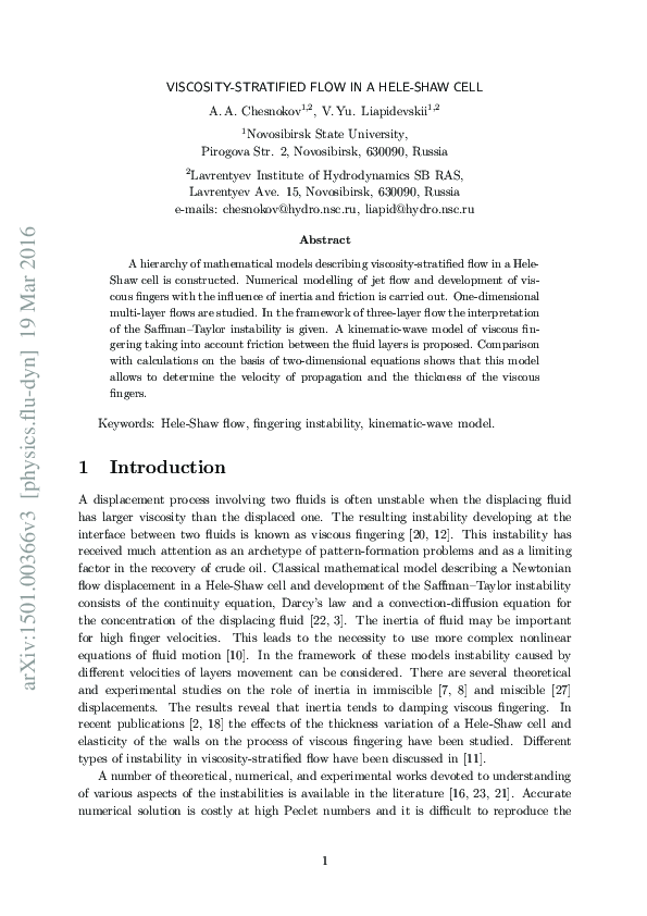 (PDF) Viscosity-stratified flow in a Hele–Shaw cell