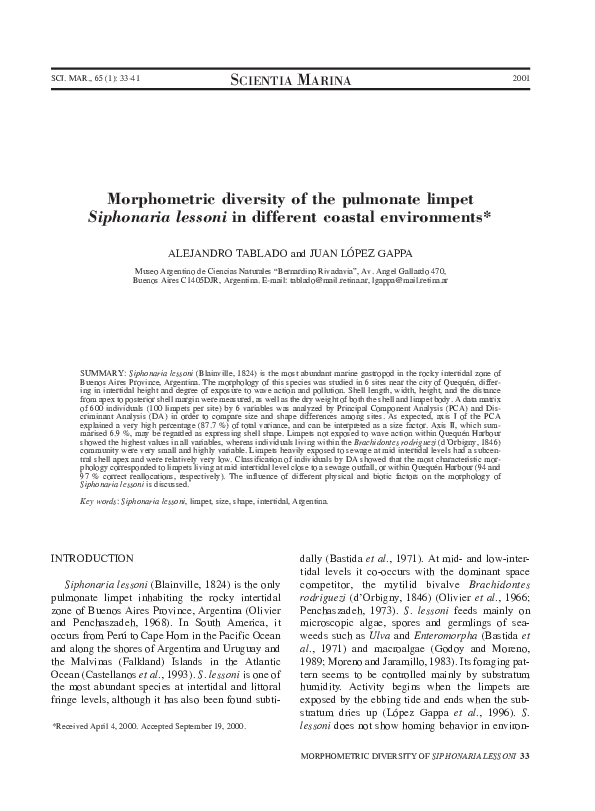 (PDF) Morphometric diversity of the pulmonate limpet Siphonaria lessoni in different coastal ...