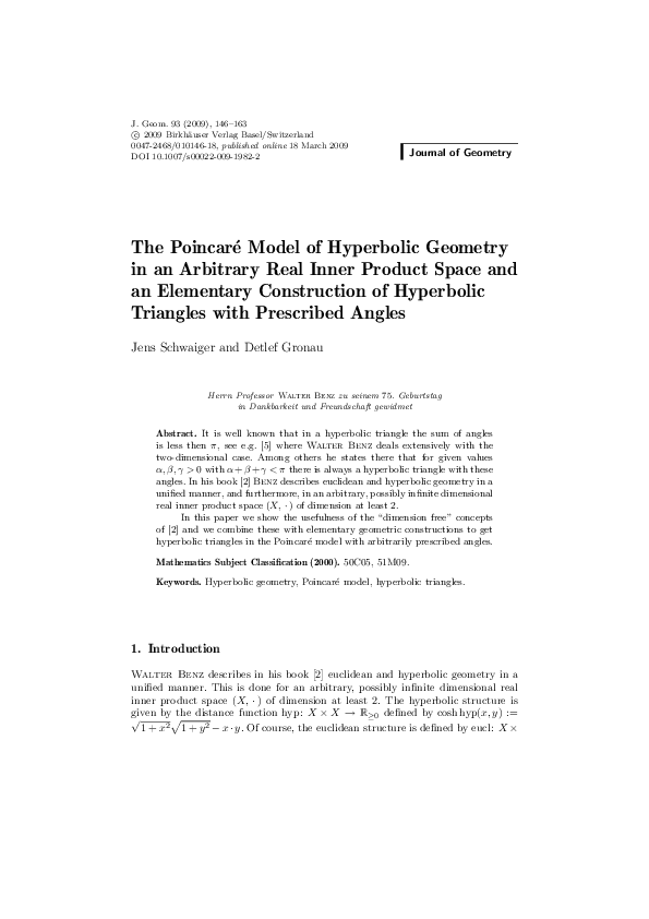 (PDF) The Poincaré Model of Hyperbolic Geometry in an Arbitrary Real Inner Product Space and an ...