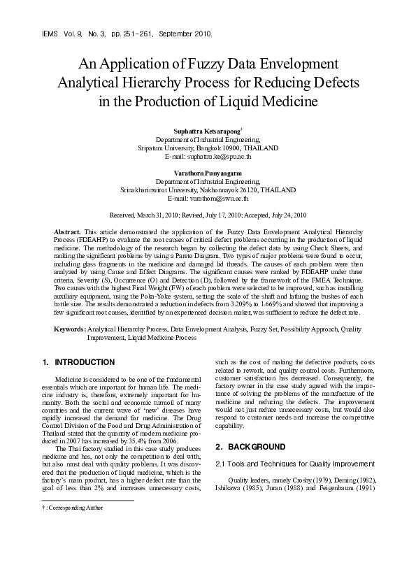 Pdf An Application Of Fuzzy Data Envelopment Analytical Hierarchy Process For Reducing Defects 