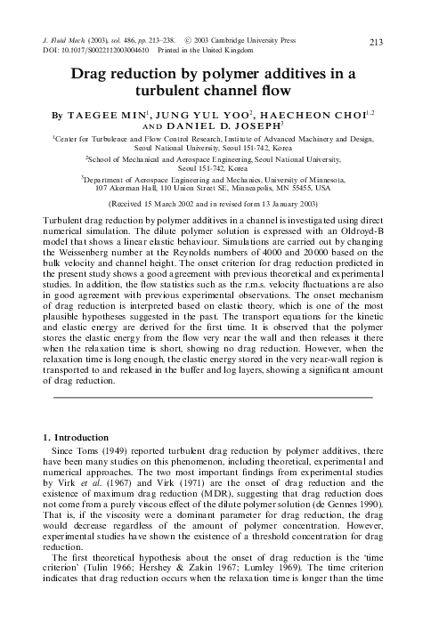 (PDF) Drag Reduction by Polymer Additives In a Turbulent Channel Flow