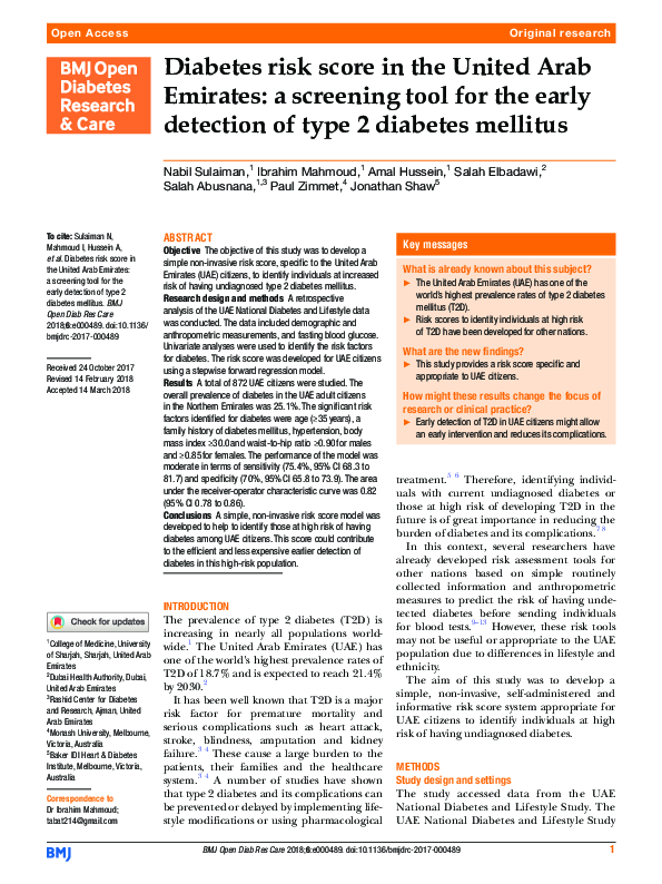 (PDF) Diabetes risk score in the United Arab Emirates: a screening tool ...