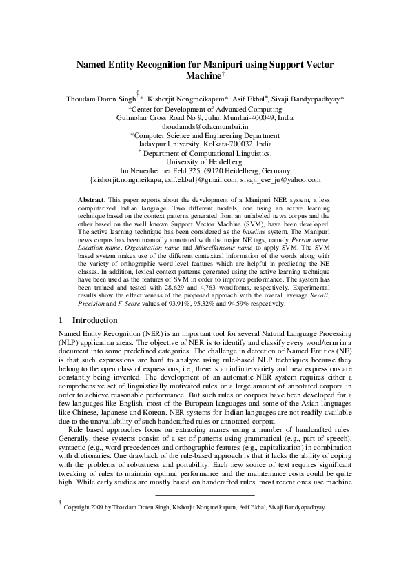 (PDF) Named entity recognition for Manipuri using support vector machine