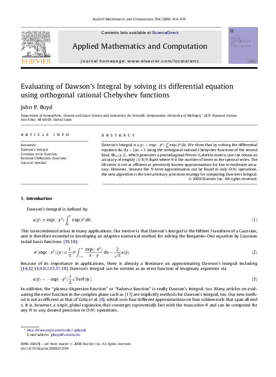 (PDF) Evaluating of Dawson’s Integral by solving its differential equation using orthogonal ...