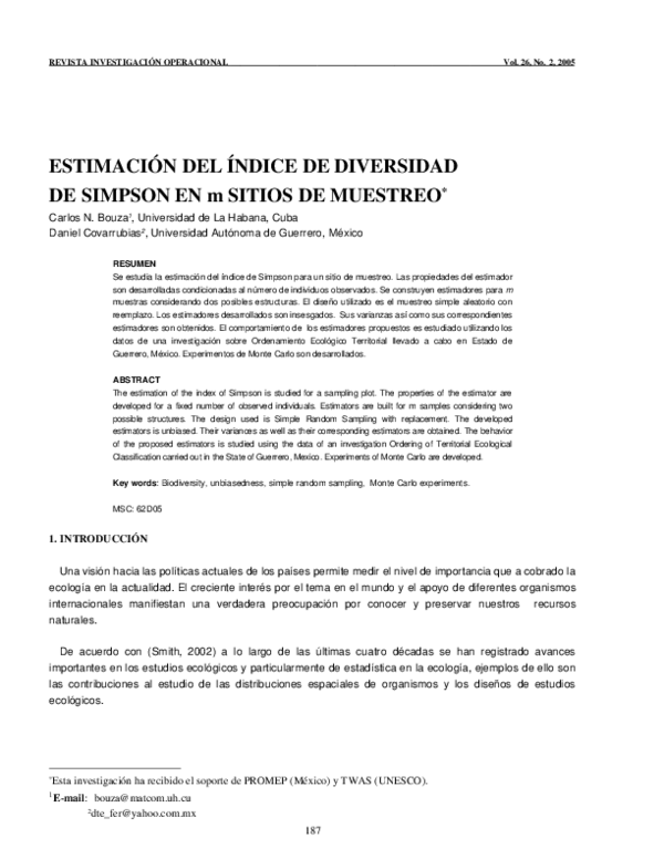 (PDF) ESTIMACIÓN DEL ÍNDICE DE DIVERSIDAD DE SIMPSON EN m SITIOS DE ...
