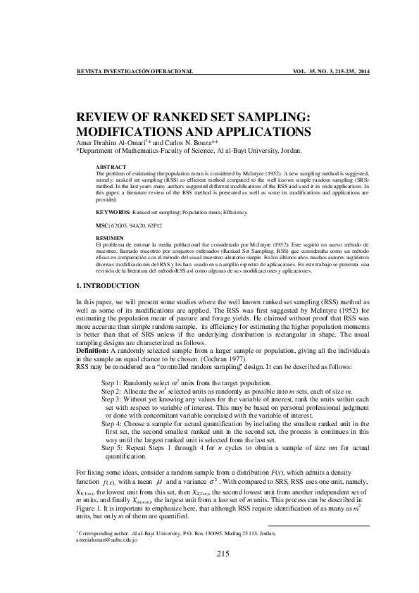(PDF) Ranked Set Sampling: Review and Modifications