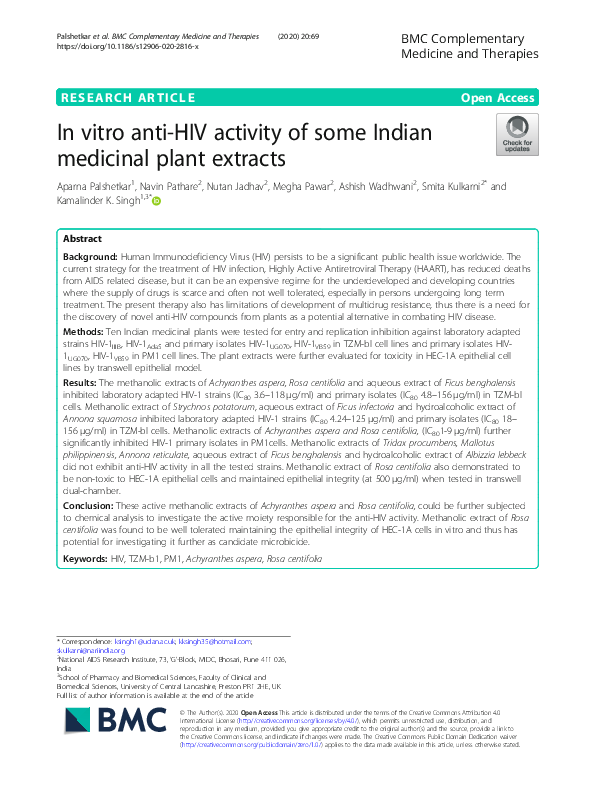 (PDF) In vitro anti-HIV activity of some Indian medicinal plant extracts
