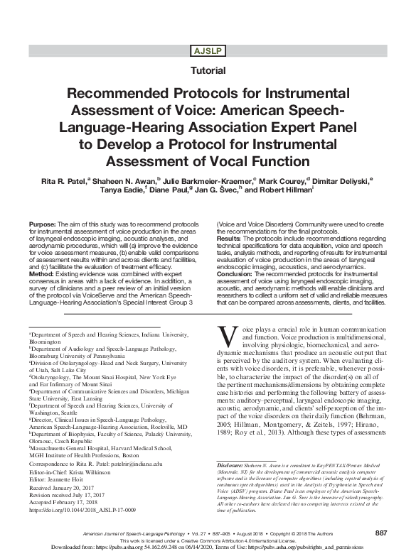 (PDF) Recommended Protocols for Instrumental Assessment of Voice ...