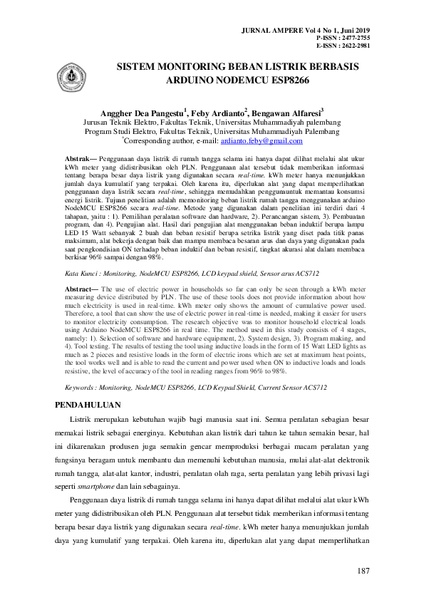 Pdf Sistem Monitoring Beban Listrik Berbasis Arduino Nodemcu Esp8266