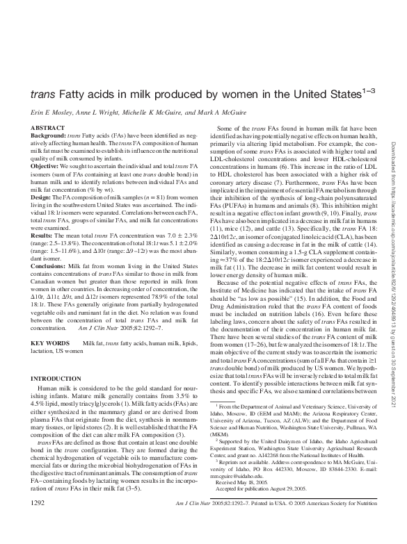 (PDF) trans Fatty acids in milk produced by women in the United States