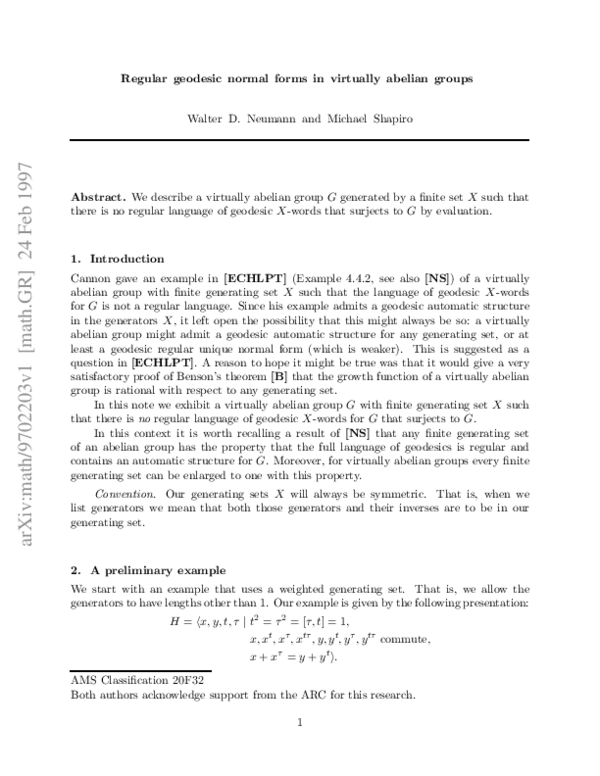 (PDF) Regular geodesic normal forms in virtually Abelian groups