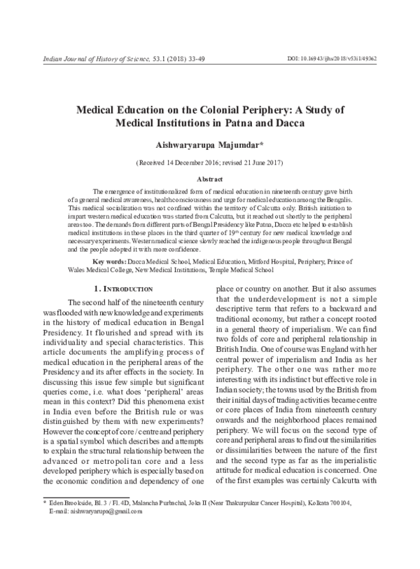 (PDF) Medical Education on the Colonial Periphery: Case Study of Patna ...
