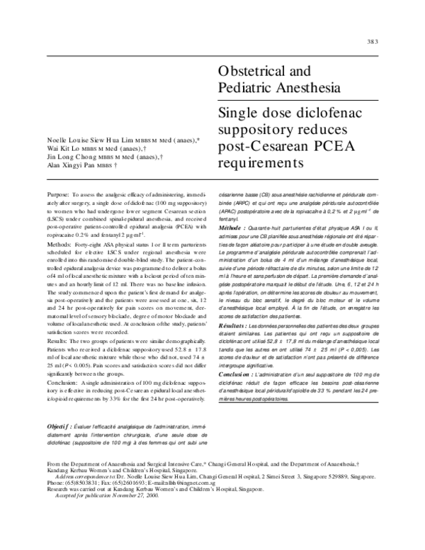 (PDF) Single dose diclofenac suppository reduces post-Cesarean PCEA ...